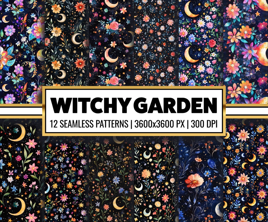 Witchy Night Garden Digital Paper Celestial Seamless Pattern Witchy ...
