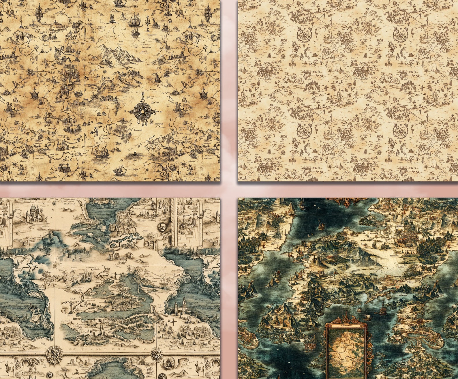 Vintage Fantasy Map Digital Paper Antique Map Seamless Pattern World ...