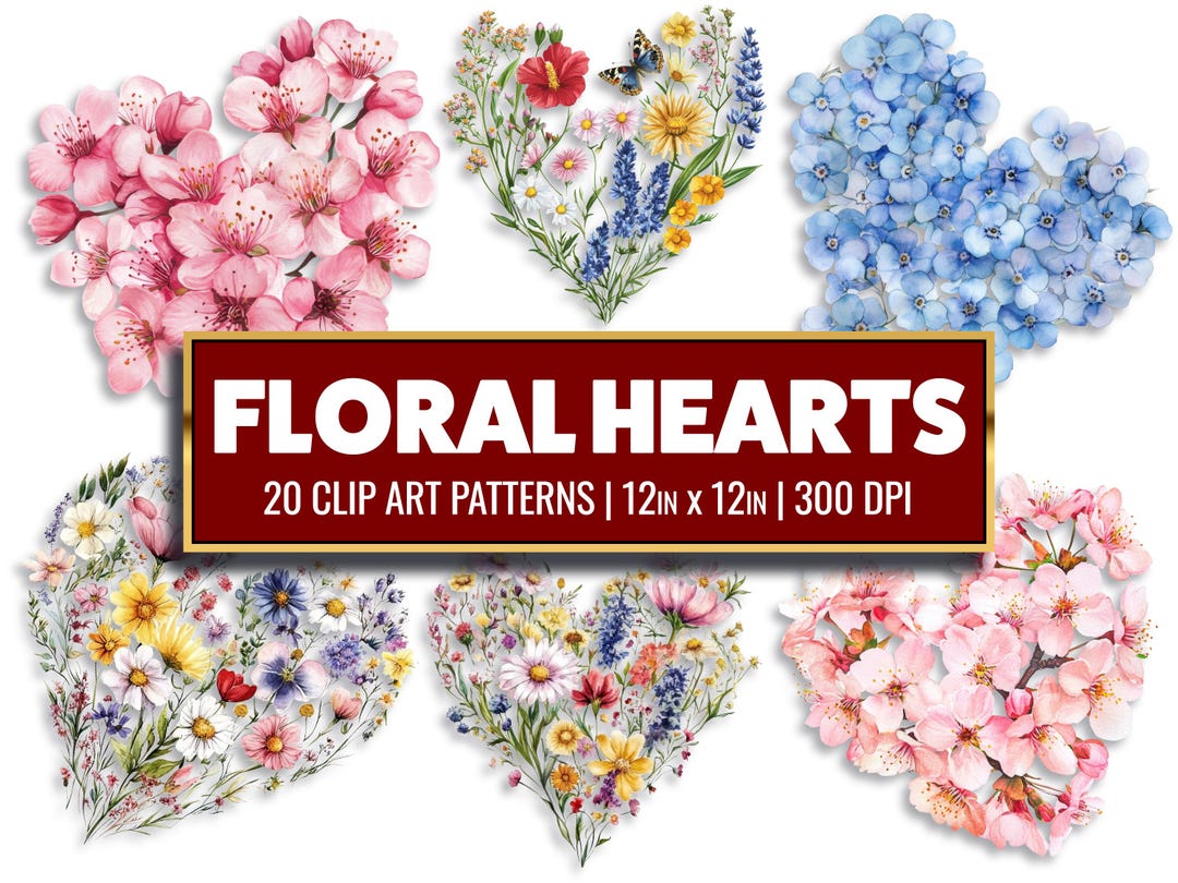 Floral Heart Clip Art Pink Flower Heart Digital Paper Wildflower Heart ...