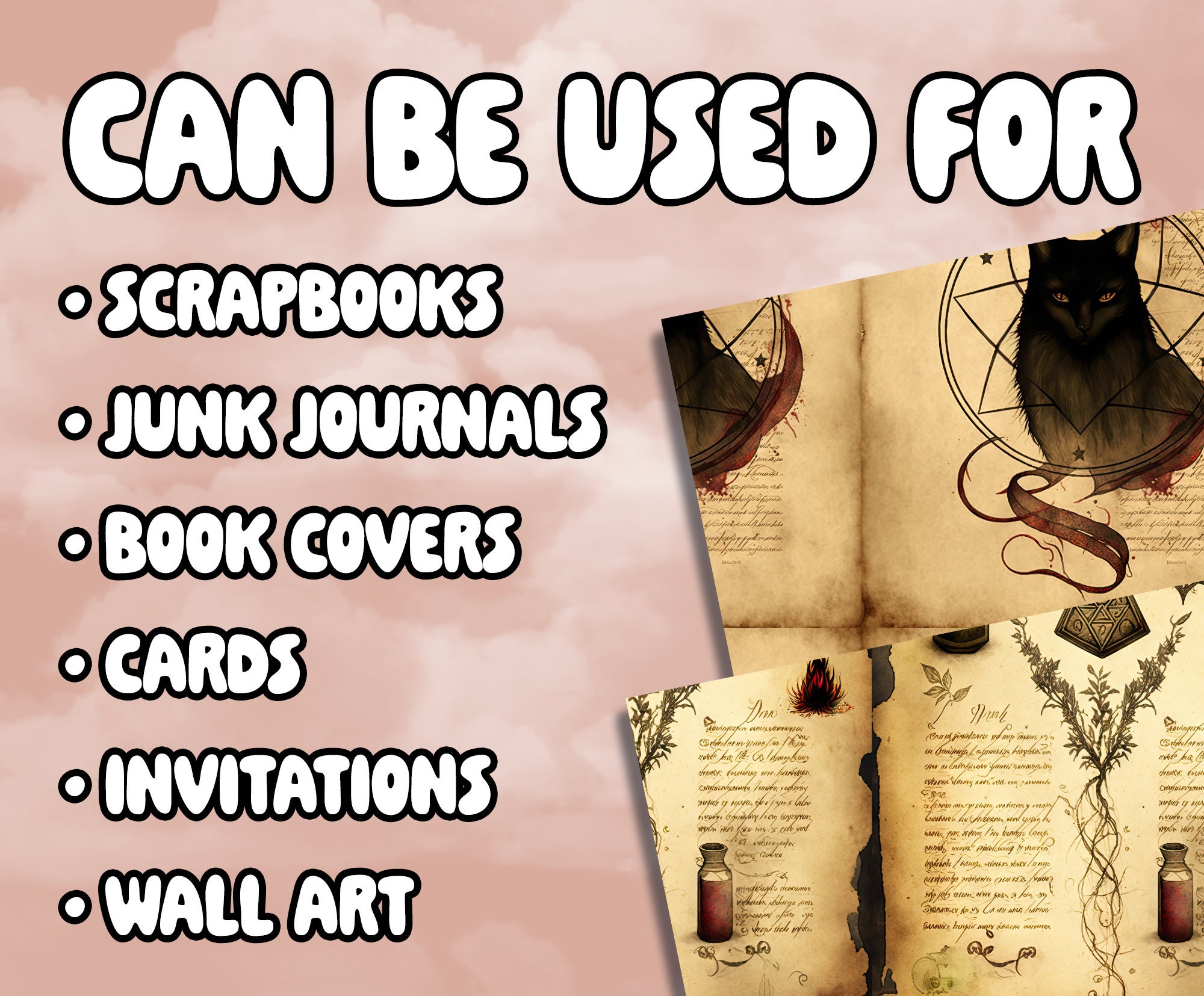 Vintage Wicca Digital Paper Witch Journal Paper Pattern Dark Ephemera ...