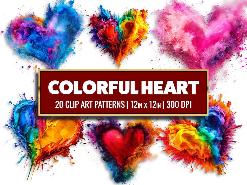 Colorful Heart Clip Art Painted Heart Digital Paper Vibrant Powder ...