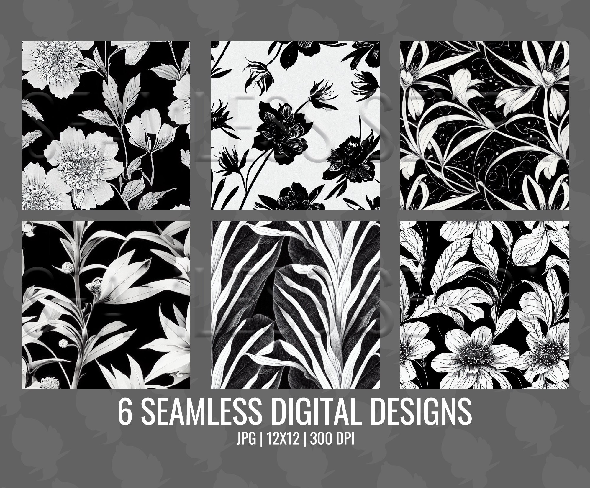 Black and White Digital Paper Floral Seamless Pattern - Etsy