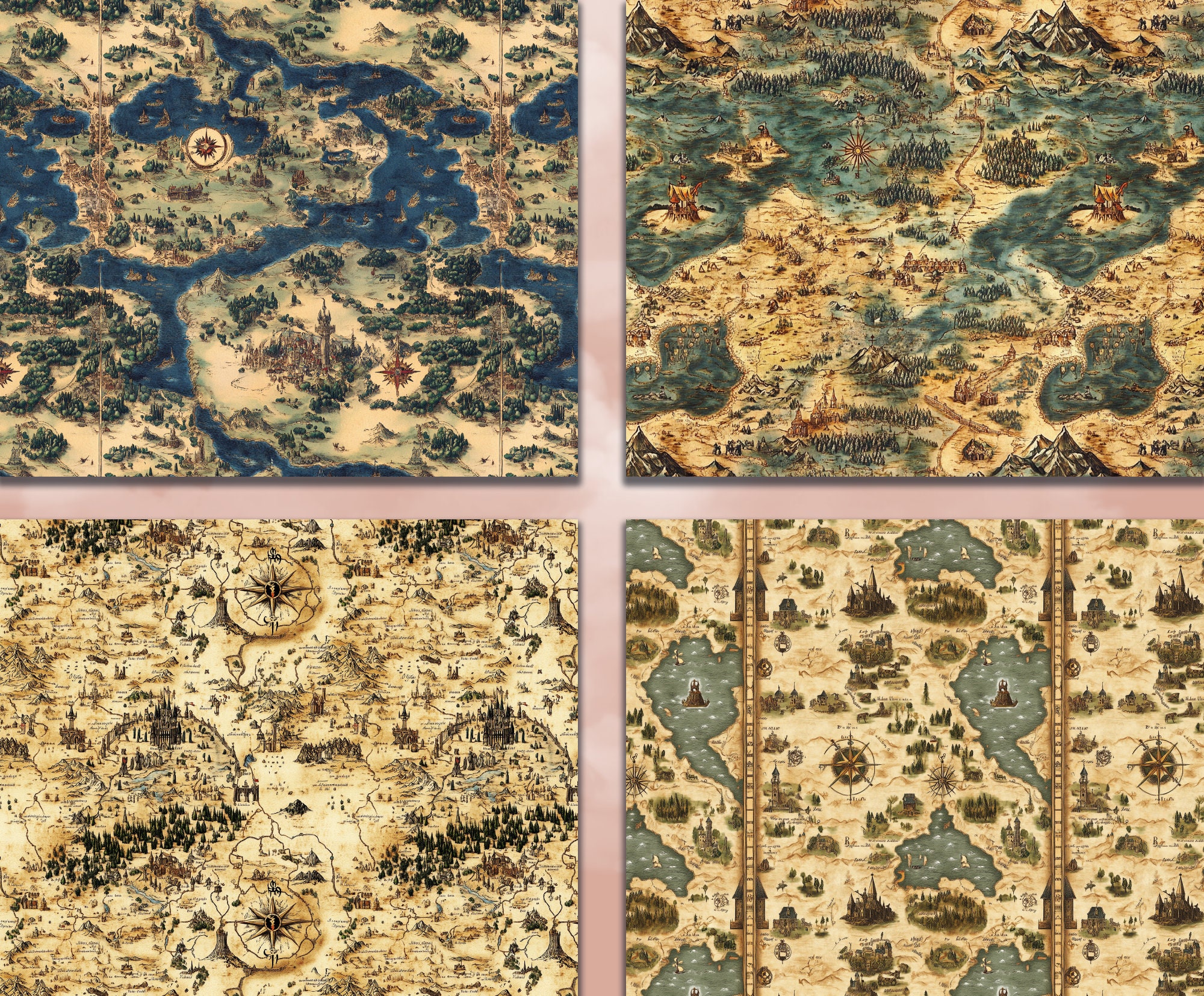 Vintage Fantasy Map Digital Paper Antique Map Seamless Pattern World ...