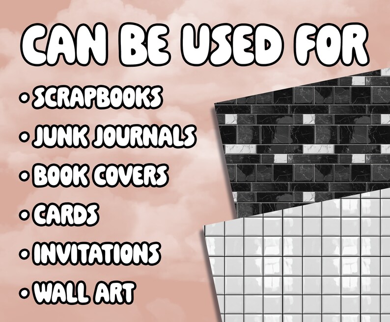 Tile Digital Paper: White & Black Brick, Seamless Texture (PNG Digital ...