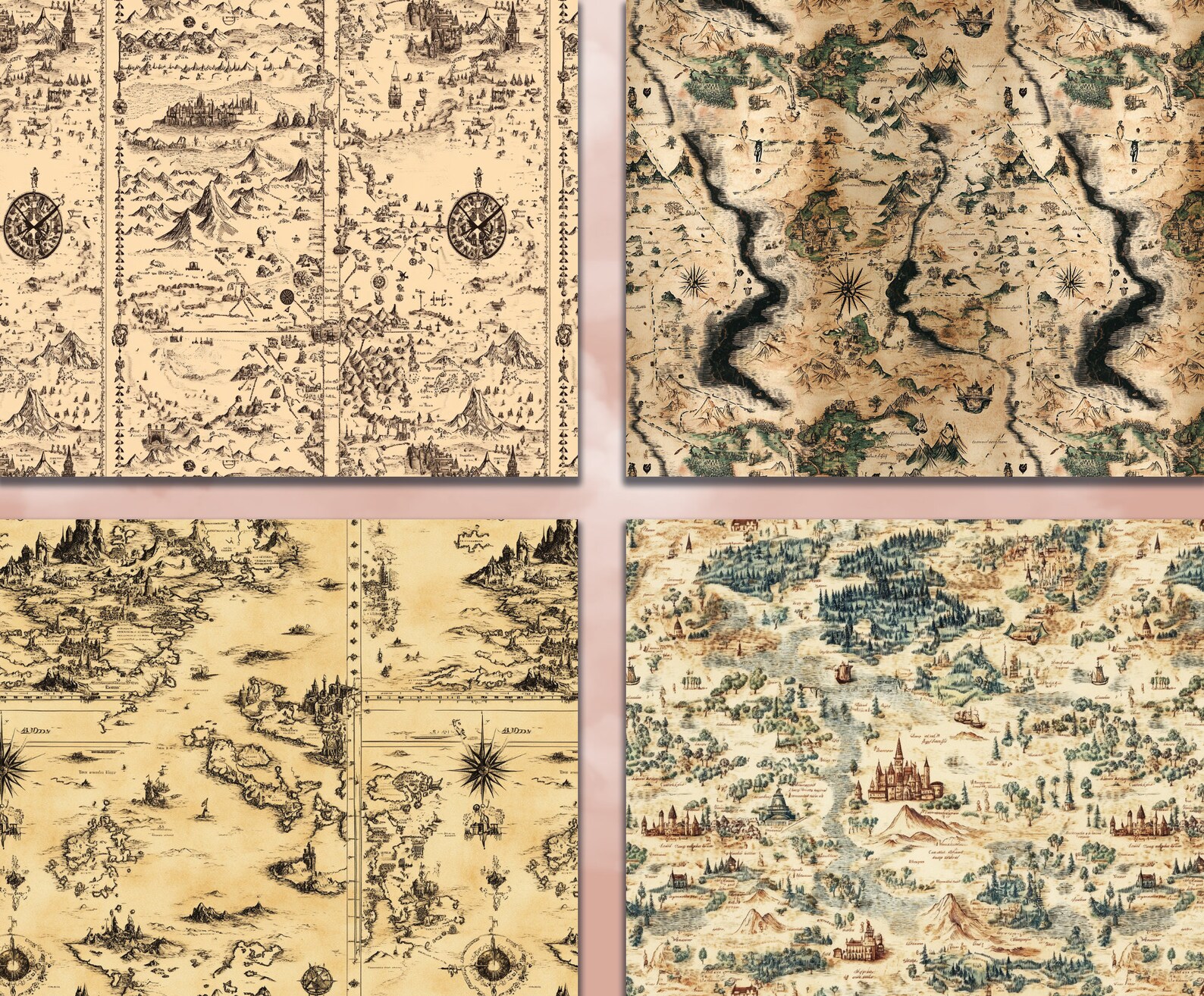 Vintage Fantasy Map Digital Paper Antique Map Seamless Pattern World ...