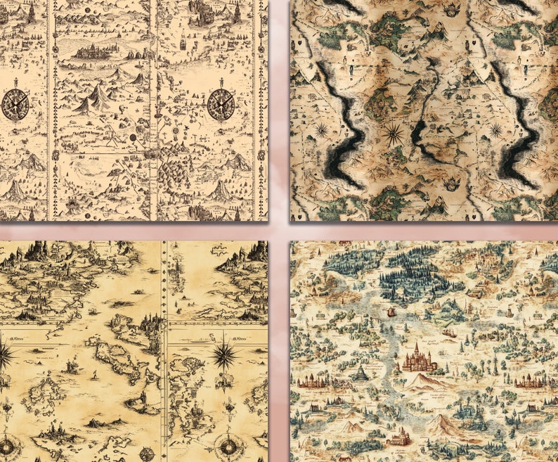 Vintage Fantasy Map Digital Paper Antique Map Seamless Pattern World ...