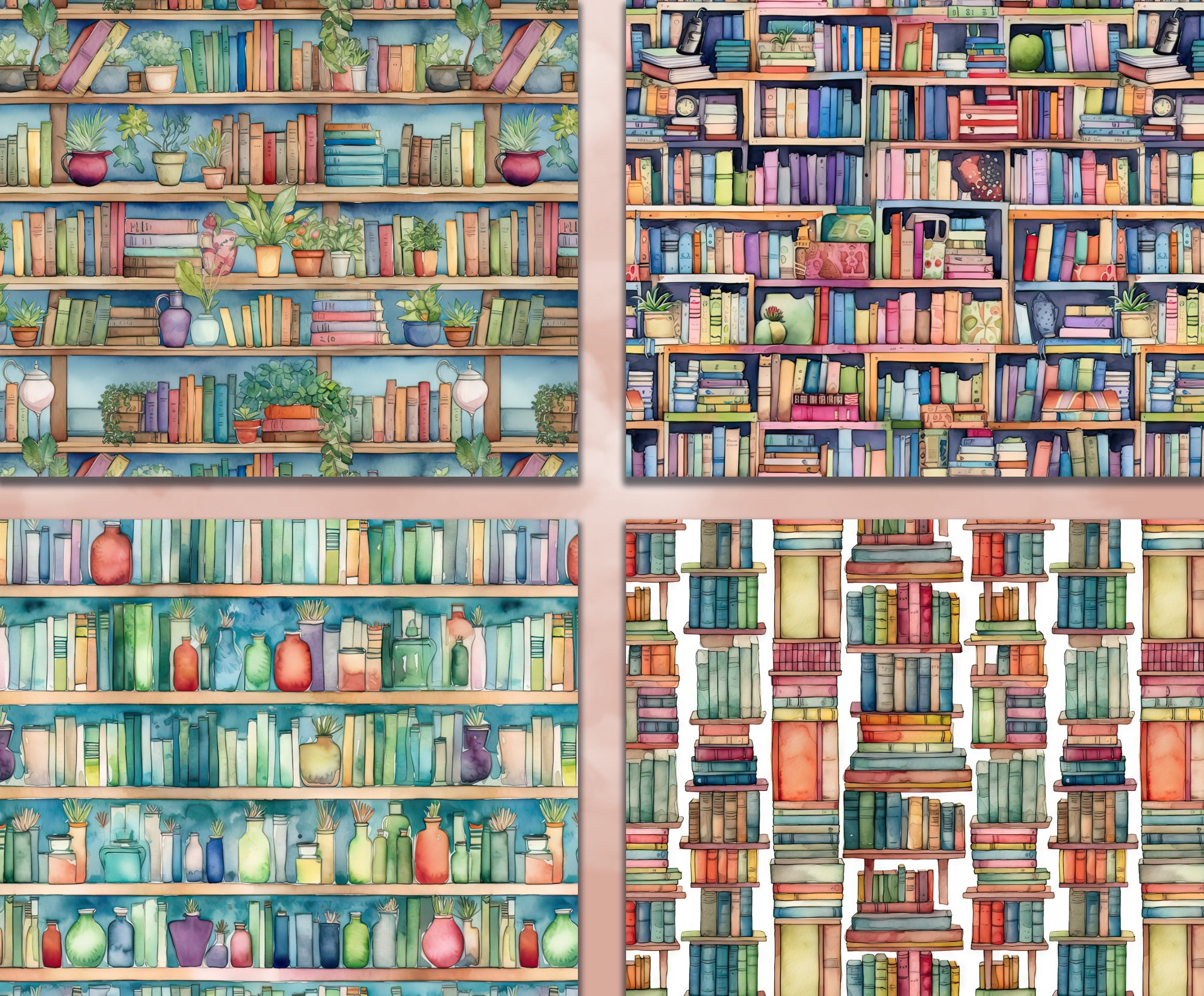 Watercolor Bookcase Digital Paper Pack Reading Library Pack of Seamless ...