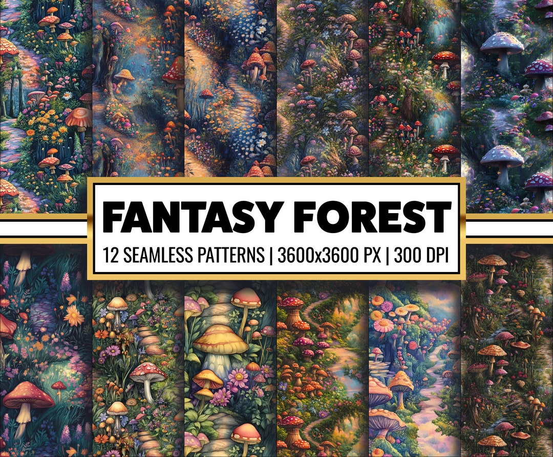 Fantasy Enchanted Forest Digital Paper Woodland Forest Seamless Pattern ...