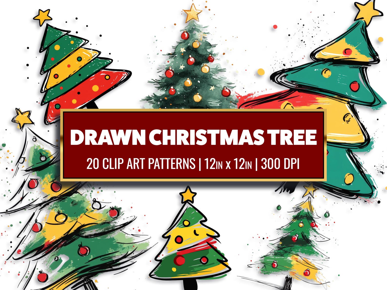 Christmas Tree Clip Art: Watercolor Line Art Digital Paper (PNG) - Etsy