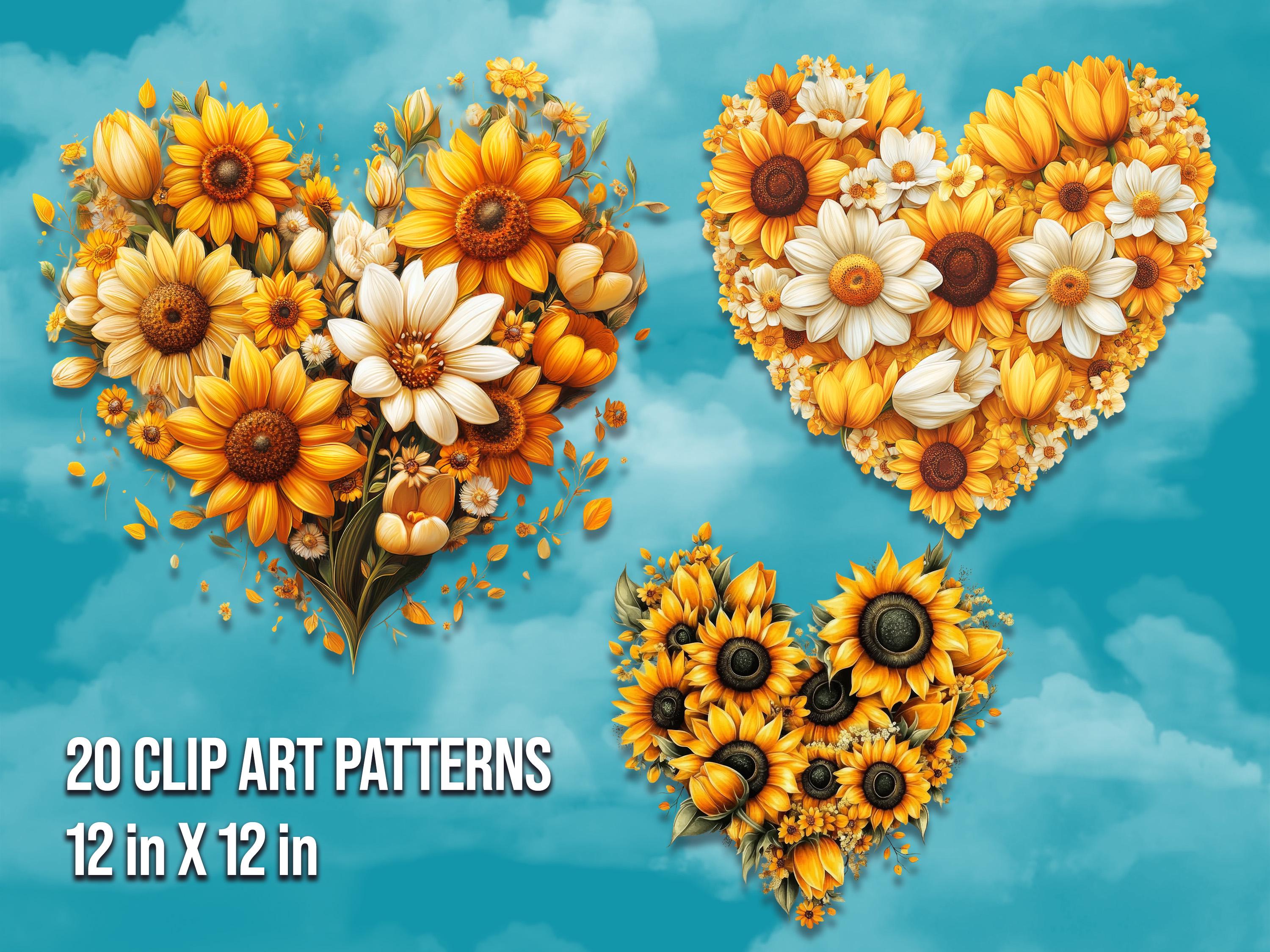 Sunflower Heart Clip Art Yellow Flower Heart Digital Paper Valentine's ...