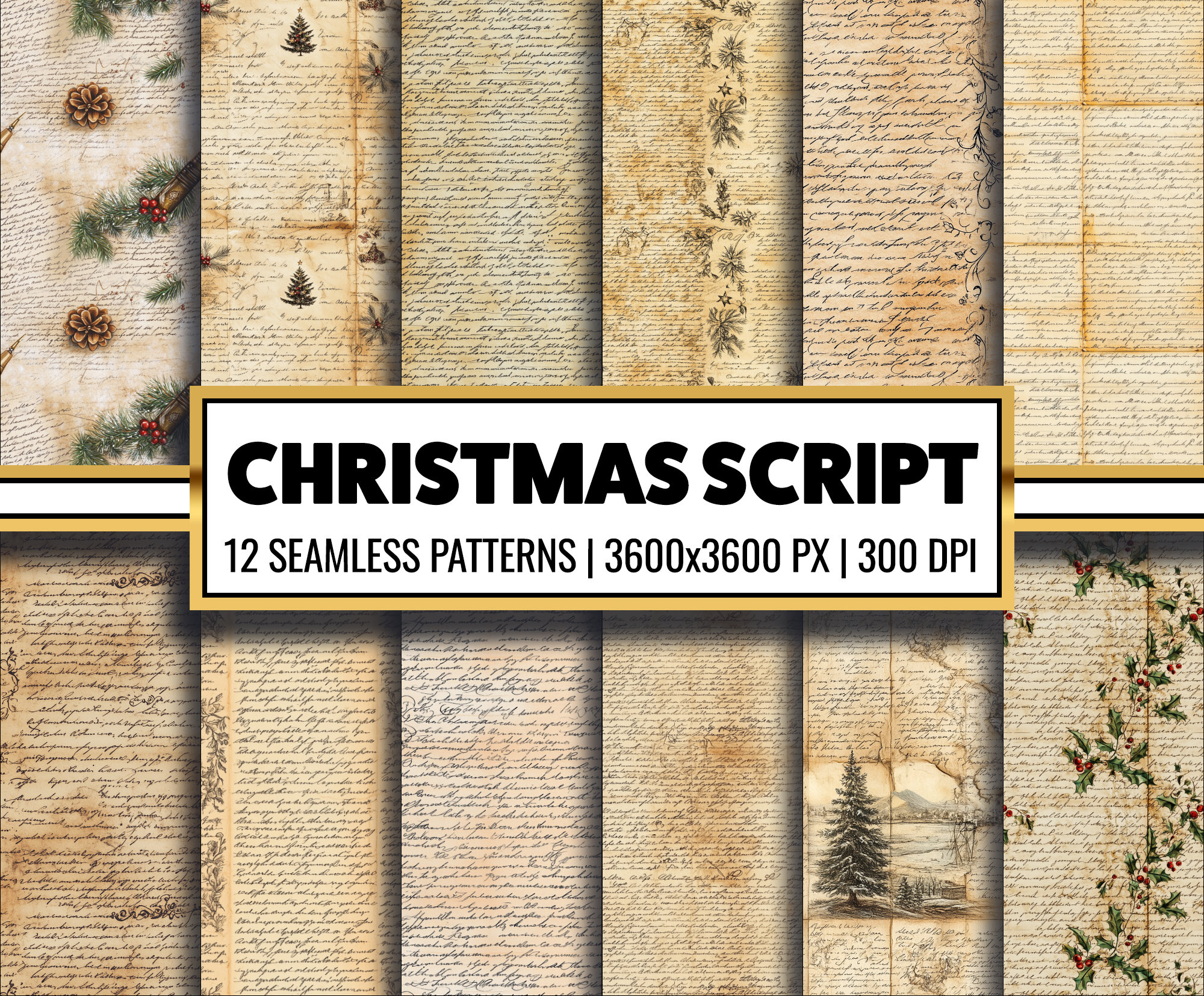 Christmas Vintage Script Digital Paper Writing Script Seamless Pattern ...