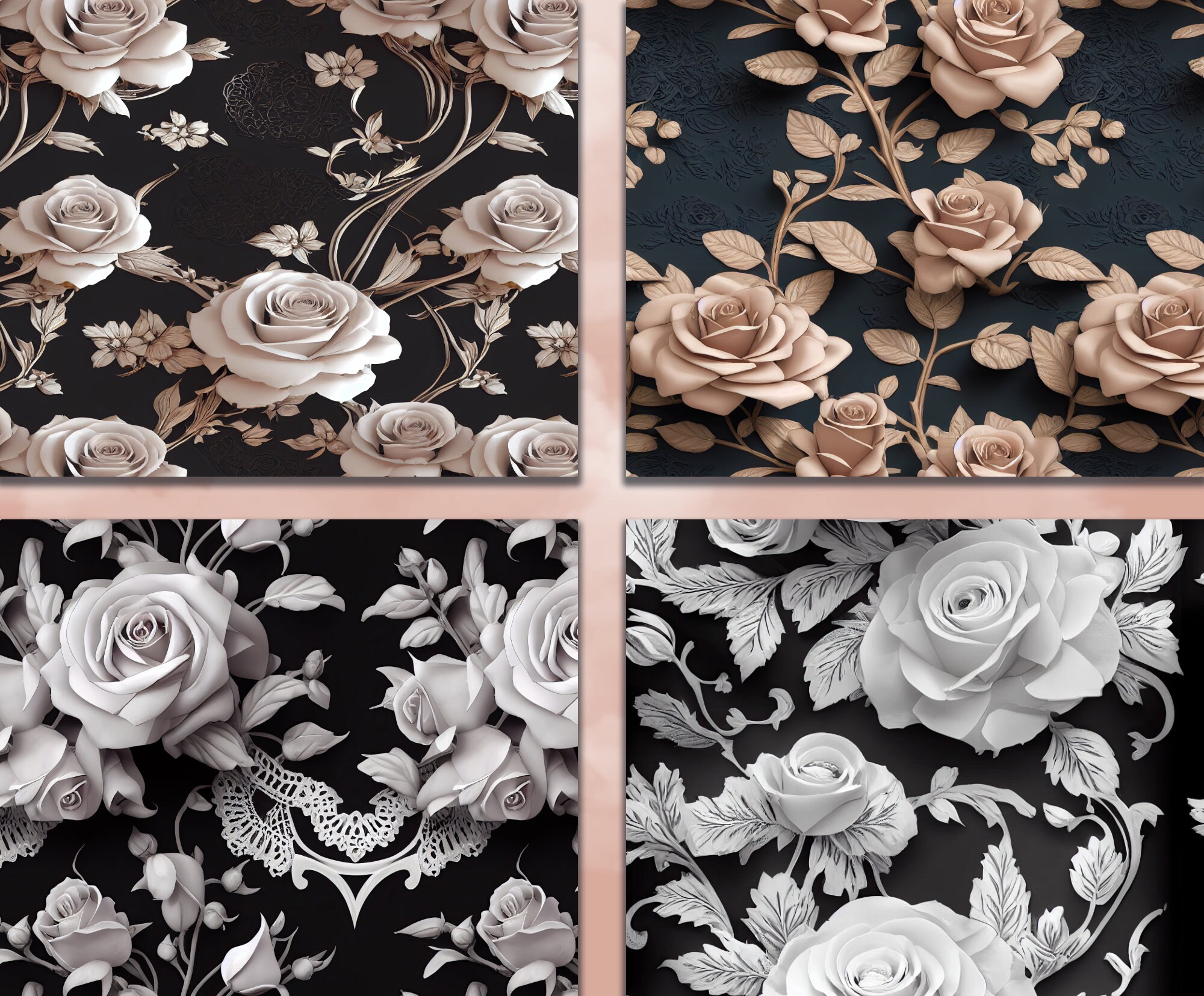 Floral Pink Digital Paper Pack Rose Seamless Pattern White Flower ...