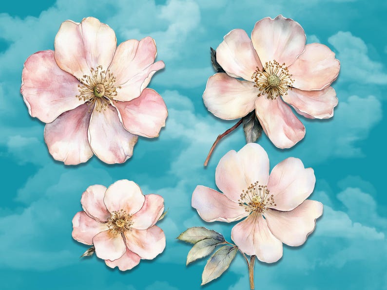 Pink Gold Flower Clip Art: Watercolor Floral Paper (digital Download ...