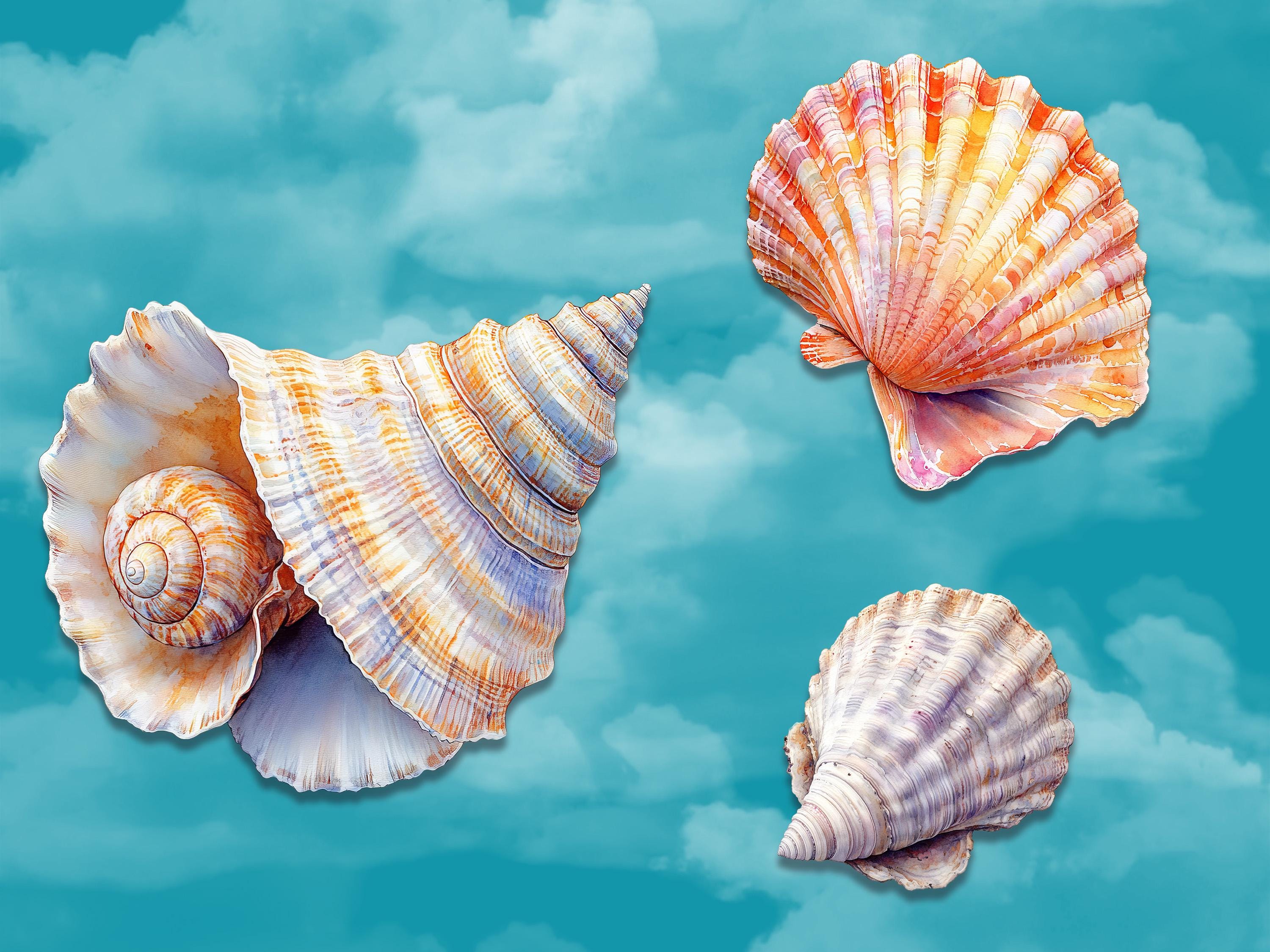 Watercolor Sea Shell Clipart: Ocean Animal PNG Bundle (digital ...