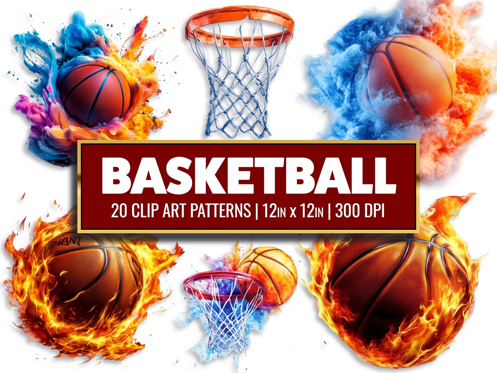 Flaming Basketball Clipart Watercolor Basketball Digital Papercraft ...