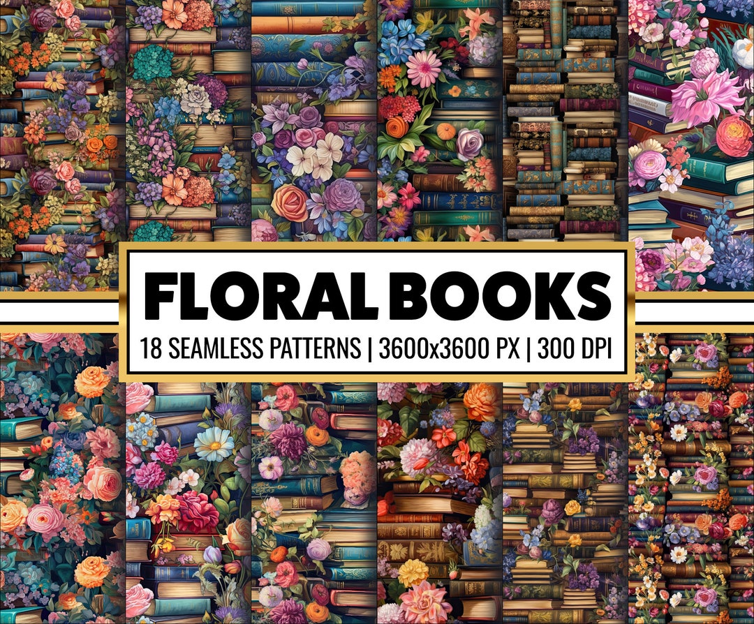 Floral Books Digital Paper, Seamless Pattern. Vintage Clipart, Retro ...