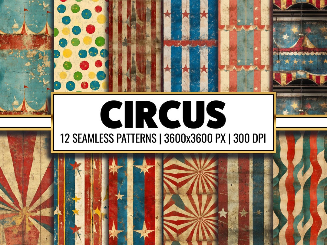 Vintage Circus Digital Paper: Seamless Carnival Patterns (PNG, 12x12in ...