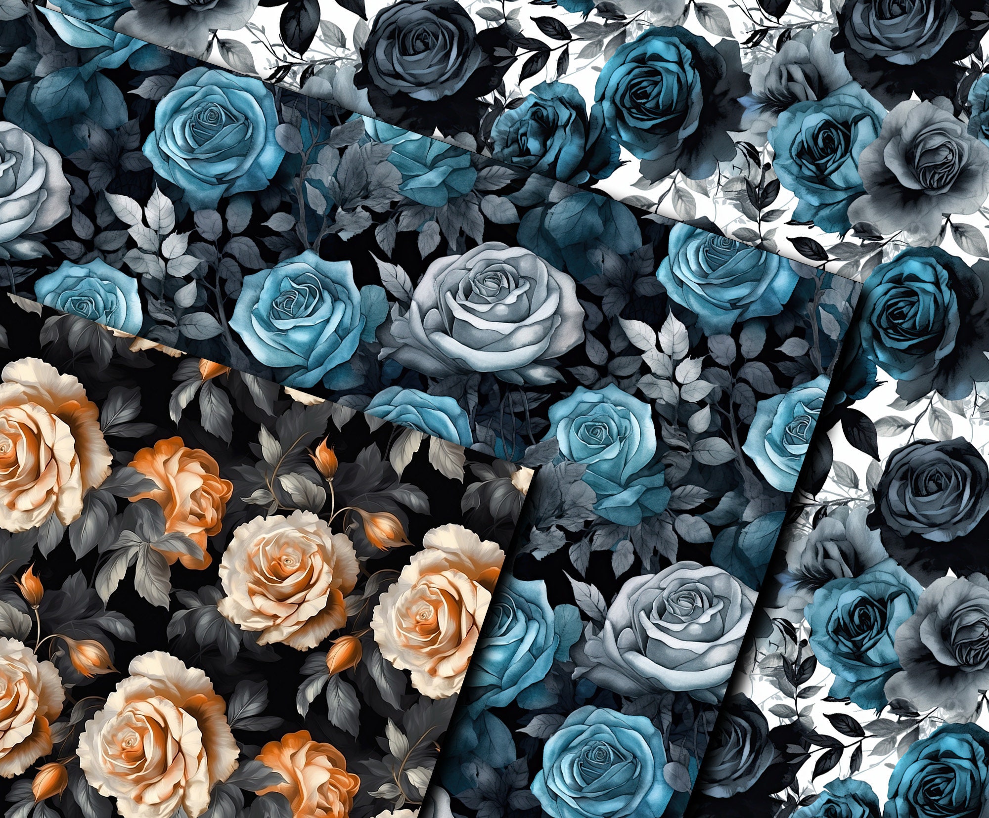 Dark Black Roses Digital Paper Pack - Set of 18 High-quality JPEG Files ...