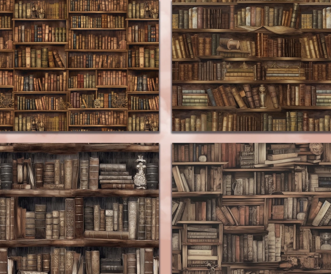 Bookcase Digital Paper Pack Library Background Bookshelf Seamless ...