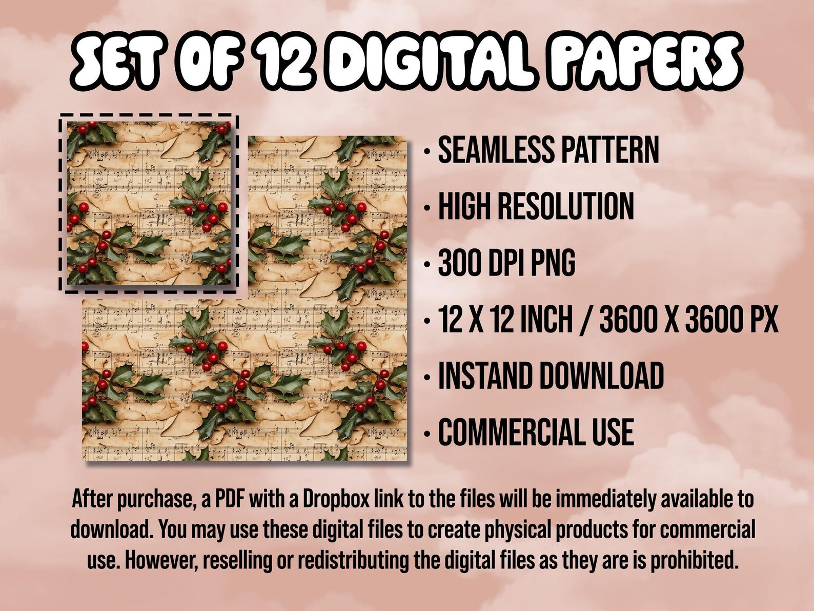 Christmas Music Script Digital Paper Music Sheet Seamless Pattern ...