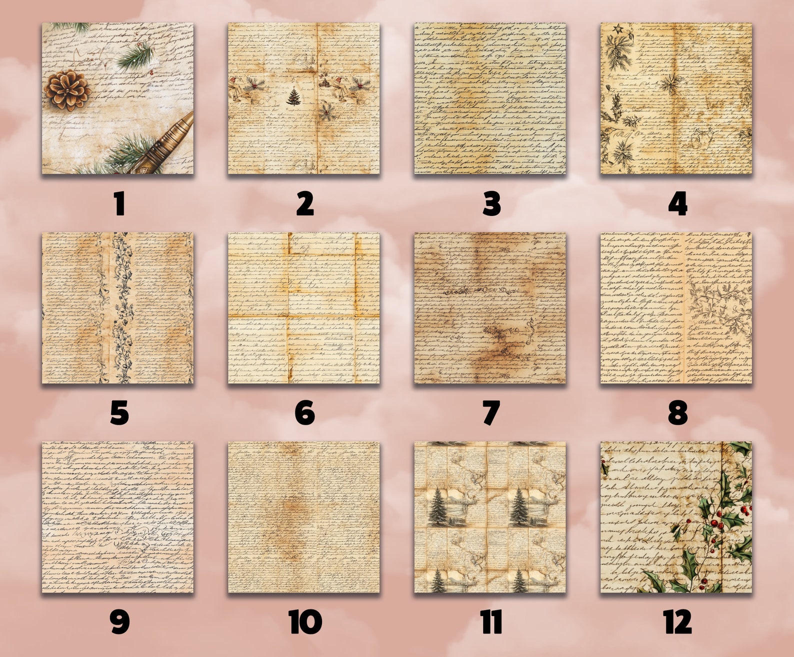 Christmas Vintage Script Digital Paper Writing Script Seamless Pattern ...