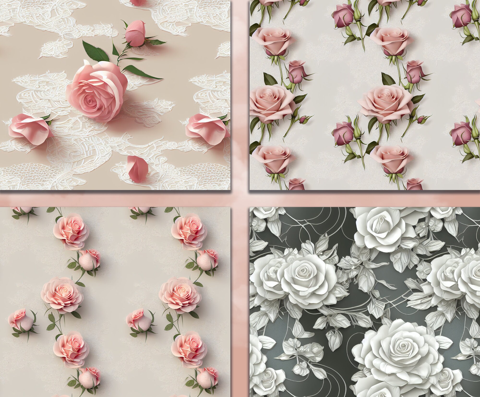 Floral Pink Digital Paper Pack Rose Seamless Pattern White Flower ...