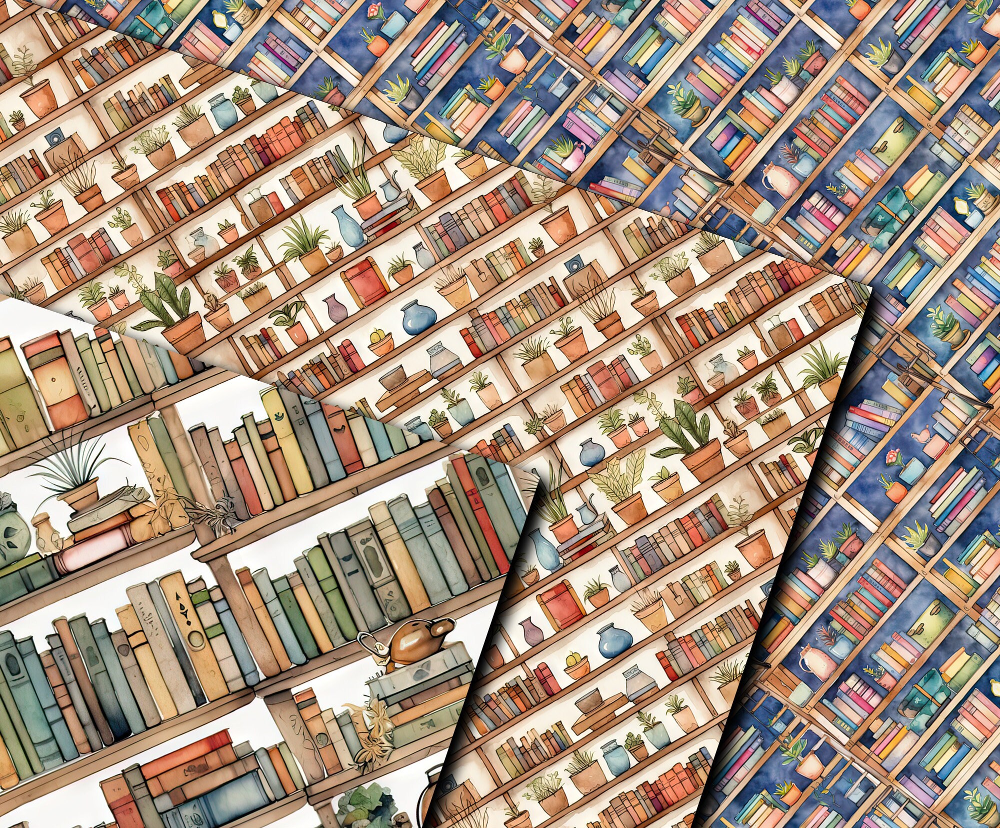 Watercolor Bookcase Digital Paper Pack, Reading Library Pack of ...