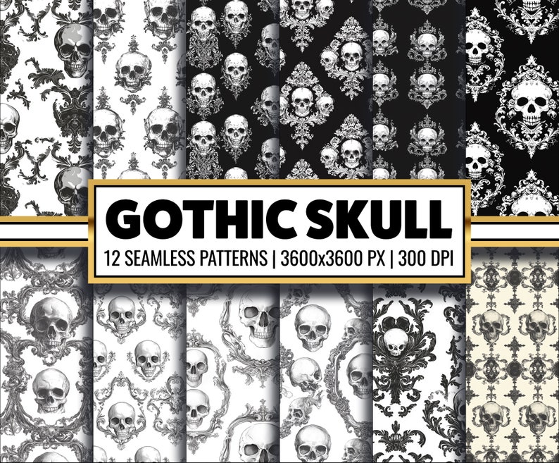 Gothic Skull Digital Paper: Black and White Damask Patterns (PNG) - Etsy