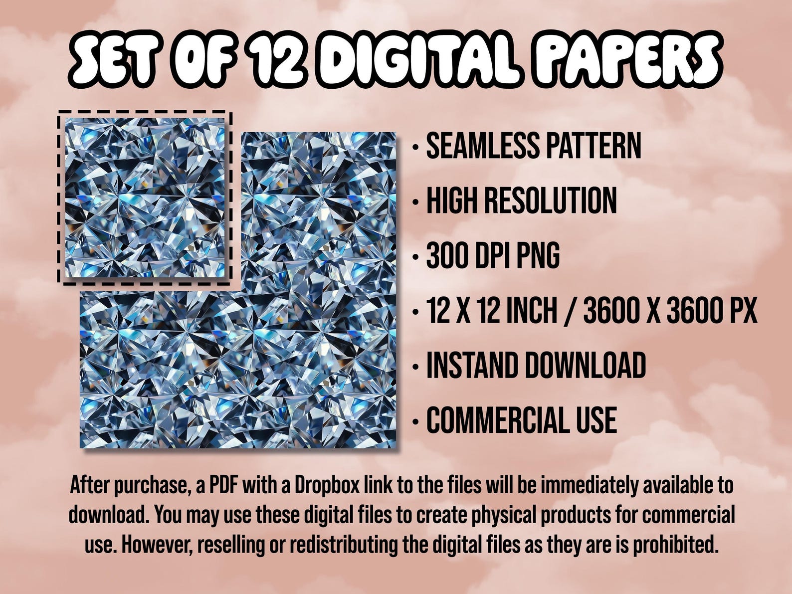 Diamond Texture Digital Paper: Glam Crystal Patterns (PNG Digital ...