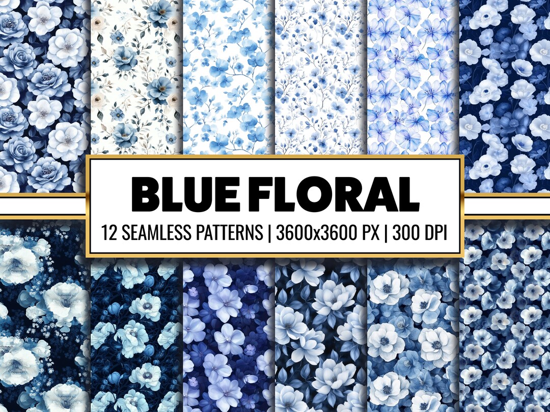 Blue Watercolor Flower Printable Paper PNG Blue Floral Seamless Pattern ...