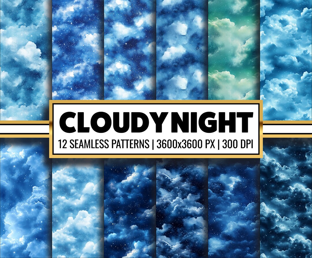 Cloudy Night Digital Paper Starry Night Seamless Pattern Watercolor ...
