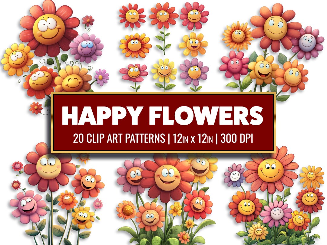 Happy Flowers Clipart Laughing Flowers Digital Papercraft Smiling ...