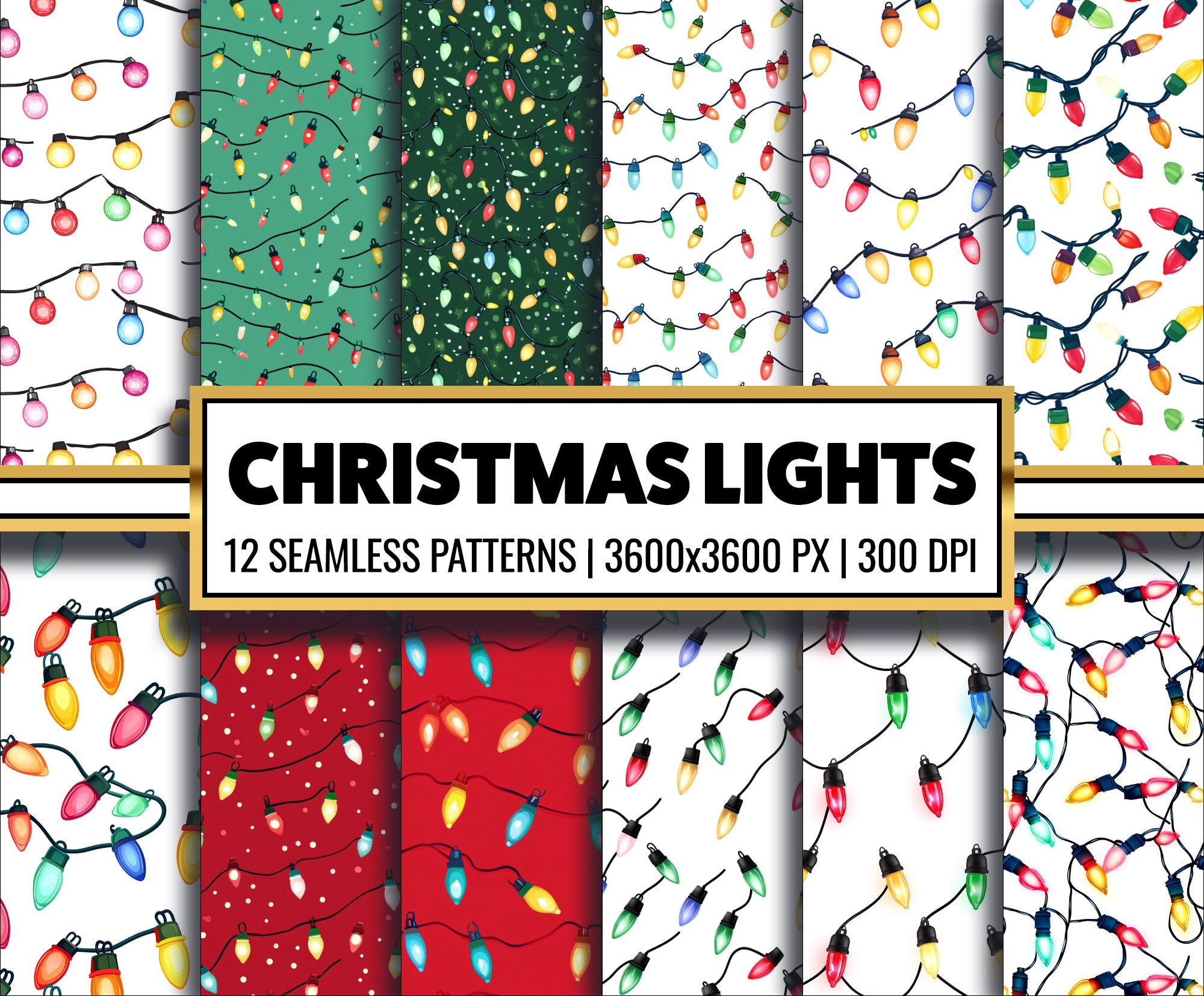 Drawn Christmas Lights Digital Paper Christmas Light Seamless Pattern ...
