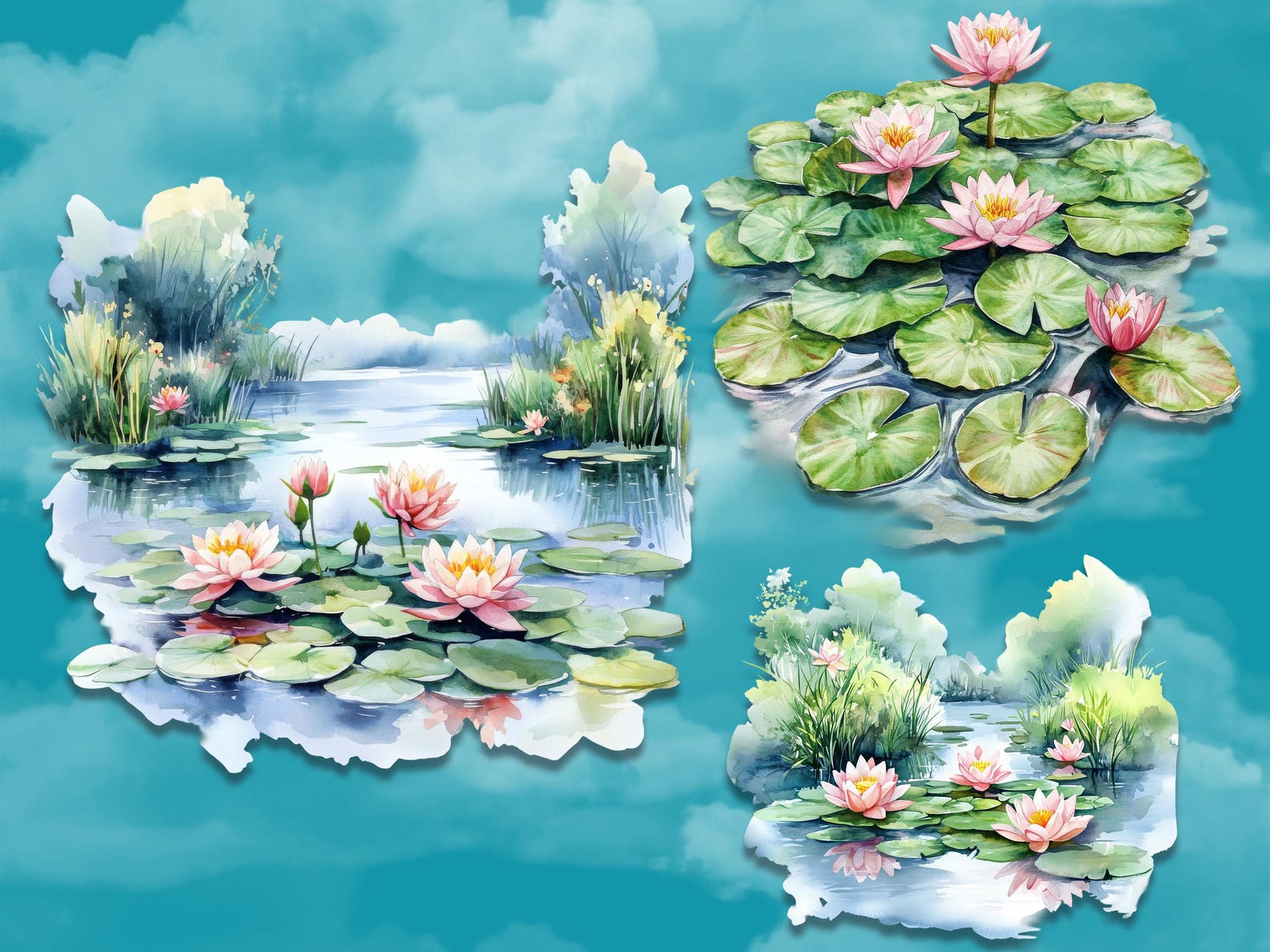 Lily Pond Clip Art Watercolor Lily Pad Digital Paper Pond Printable PNG ...