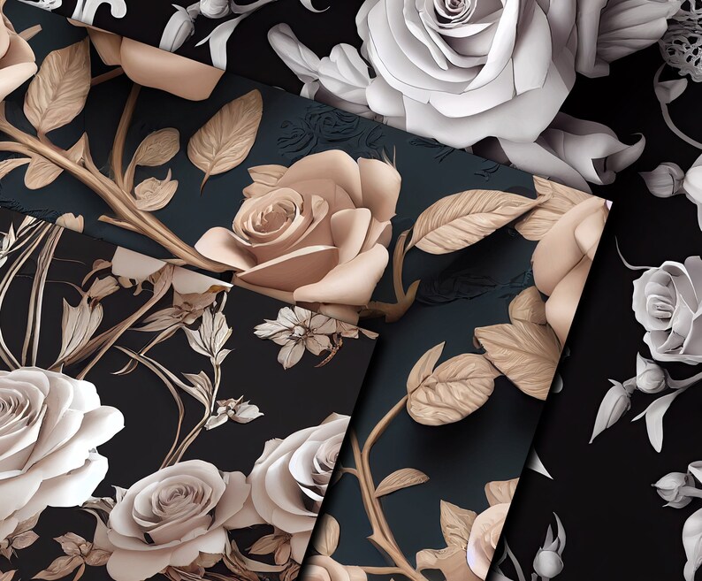 Pink Gold and Black Floral Digital Paper, Seamless Pink Rose Printable ...