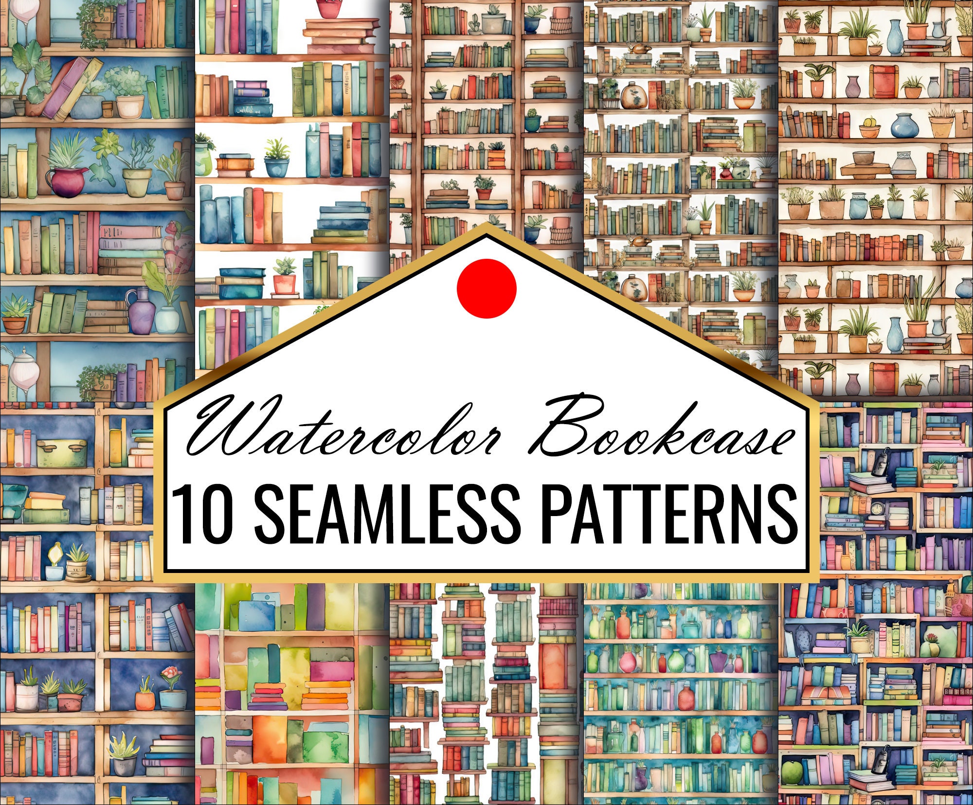 Watercolor Bookcase Digital Paper Pack, Reading Library Pack of ...