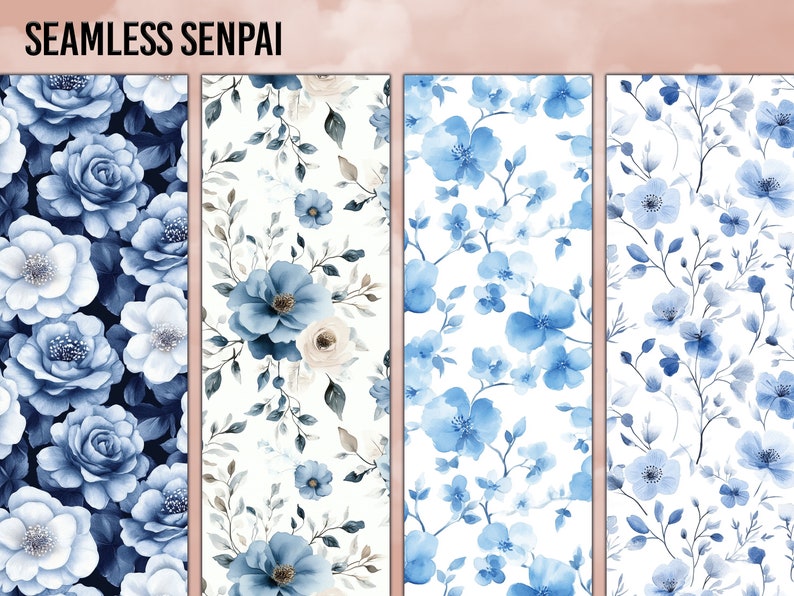 Blue Watercolor Flower Printable Paper PNG Blue Floral Seamless Pattern ...