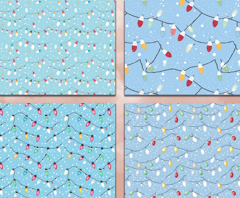 Preppy Blue Christmas Light Digital Paper Winter Light Seamless Pattern ...