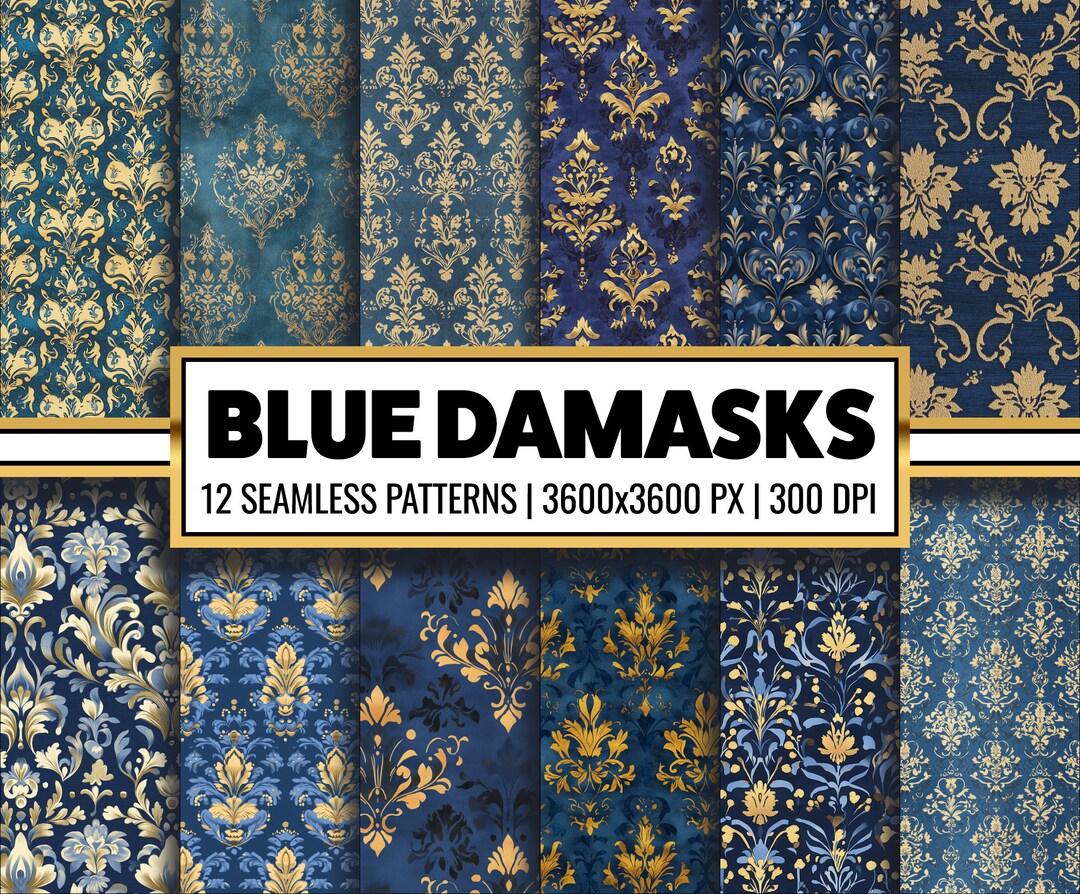 Blue & Gold Damask Digital Paper: 12 Seamless Patterns (PNG) - Etsy