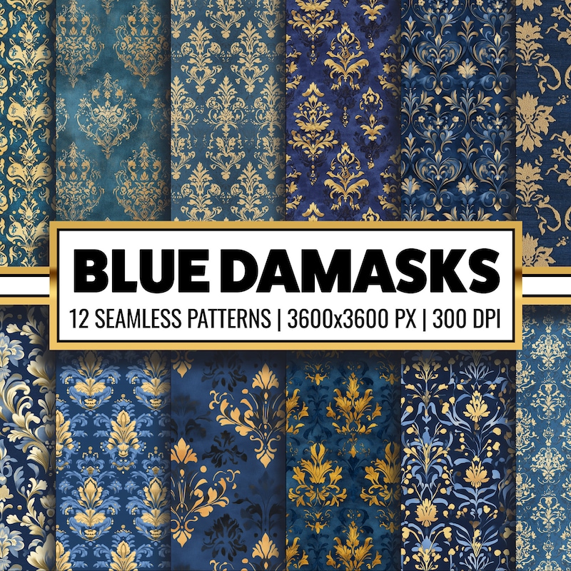 Navy Damask Art - Etsy