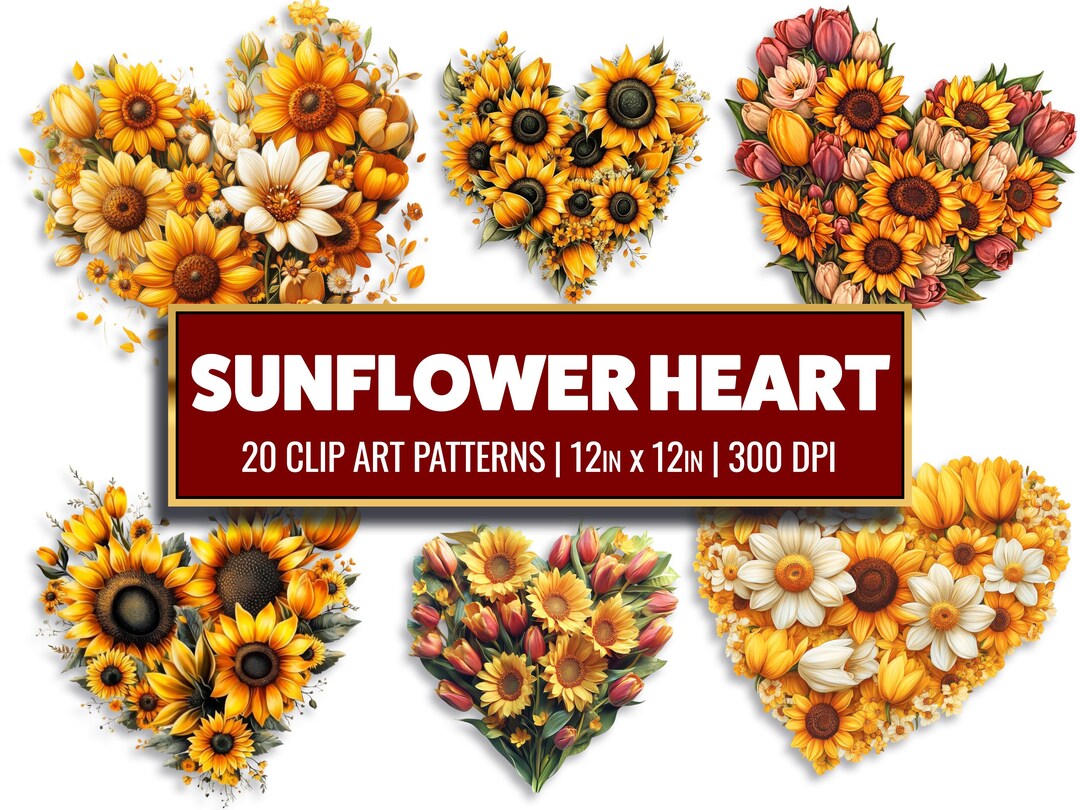 Sunflower Heart Clip Art Yellow Flower Heart Digital Paper Valentine's ...