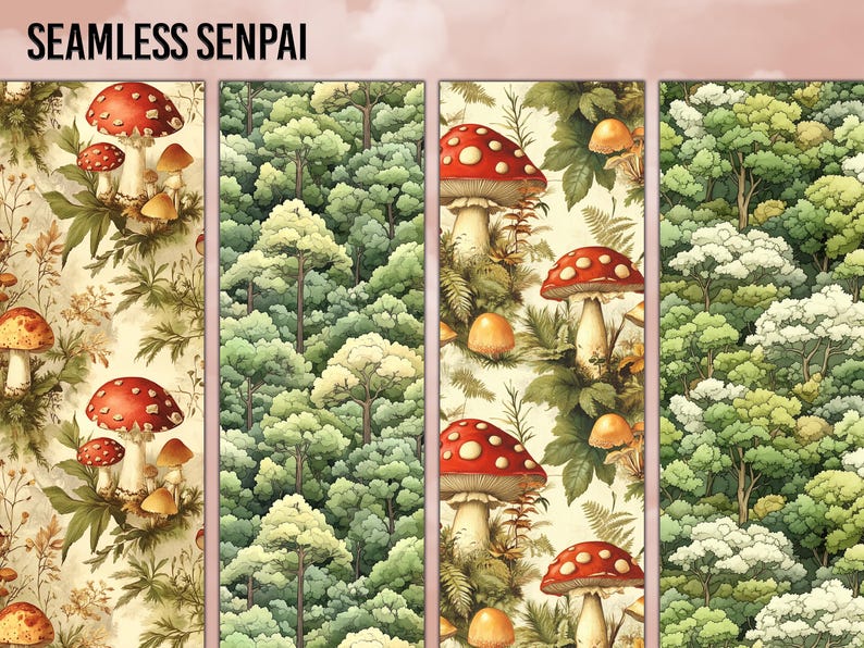 Woodland Forest Digital Paper: Mushroom Seamless Pattern (PNG, 12x12 ...