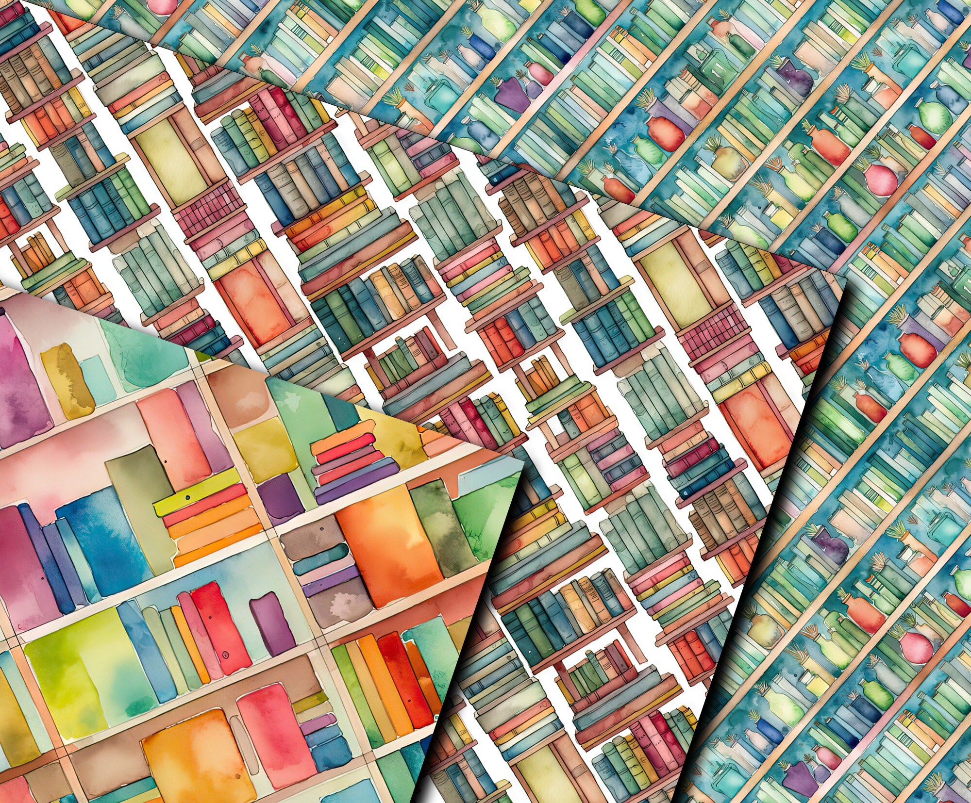 Watercolor Bookcase Digital Paper Pack, Reading Library Pack of ...