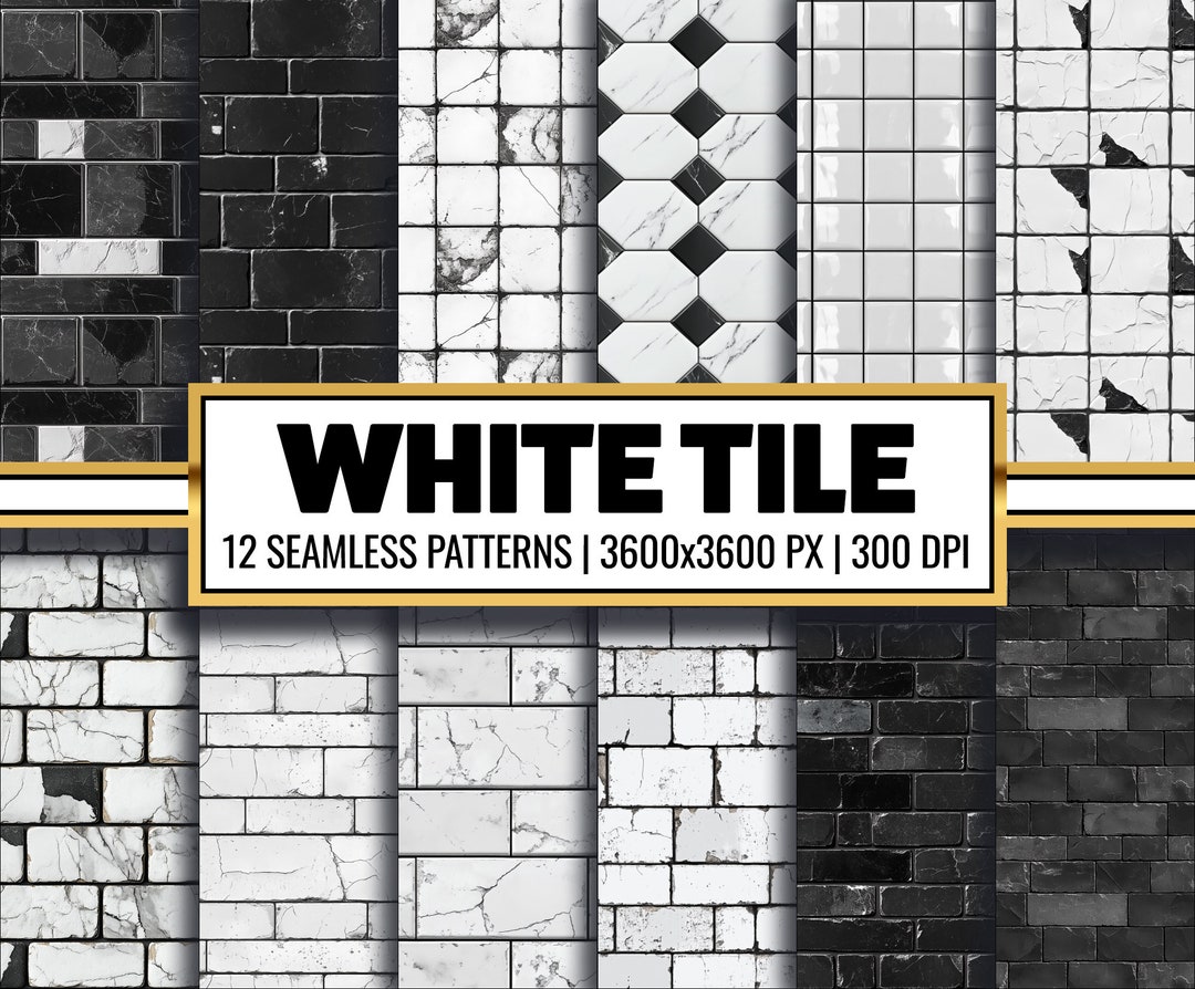 Tile Digital Paper: White & Black Brick, Seamless Texture (PNG Digital ...