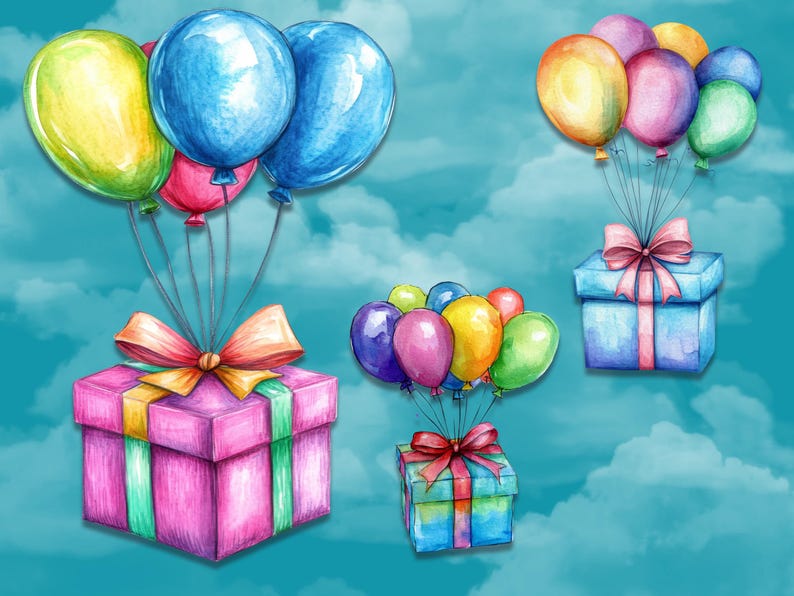 Birthday Gift Clipart Watercolor Present Digital Paper Birthday Balloon ...