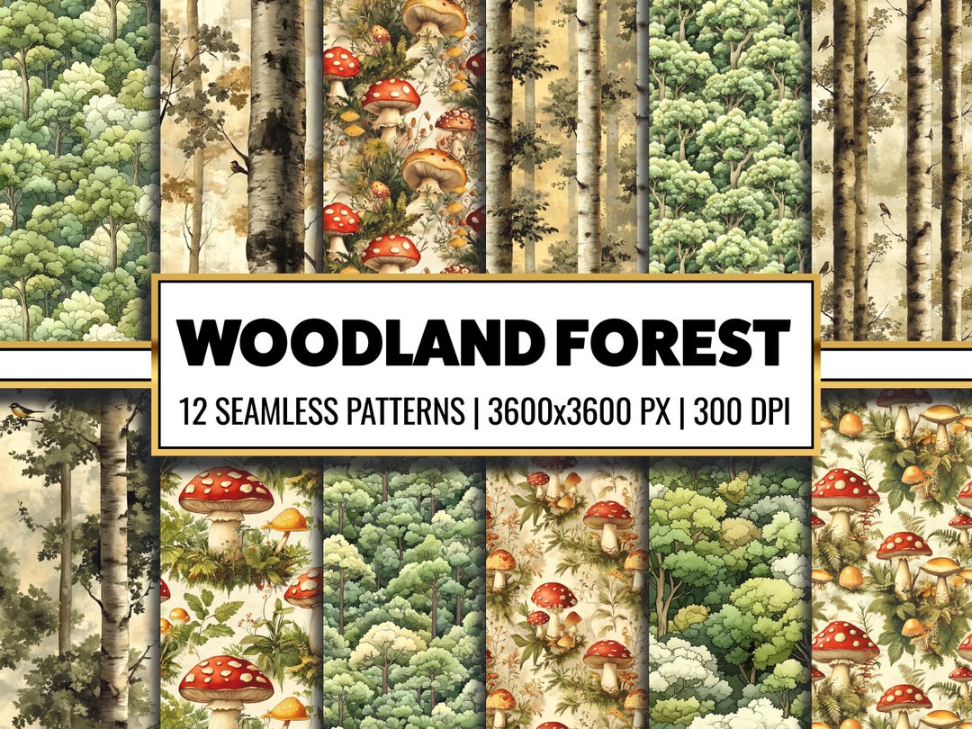 Woodland Forest Digital Paper: Mushroom Seamless Pattern (PNG, 12x12 ...