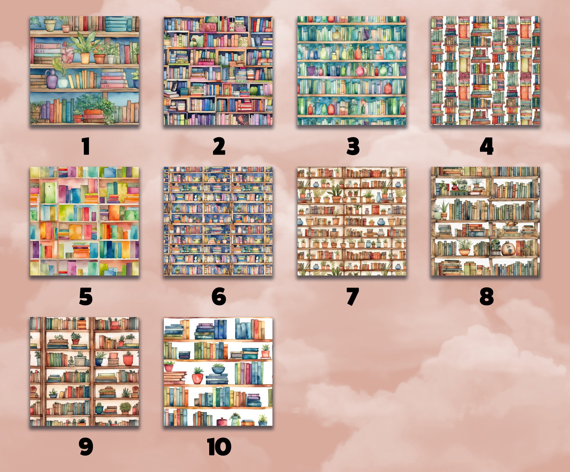 Watercolor Bookcase Digital Paper Pack Reading Library Pack of Seamless ...