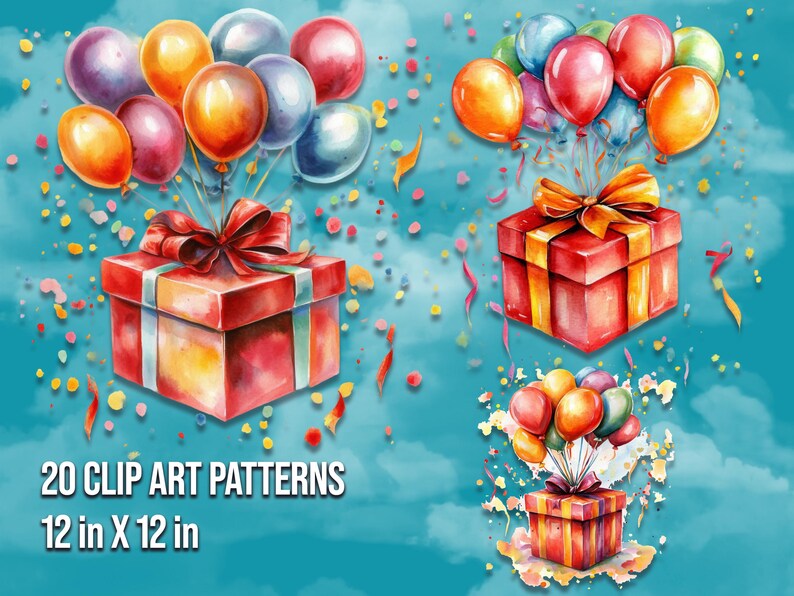 Birthday Gift Clipart Watercolor Present Digital Paper Birthday Balloon ...