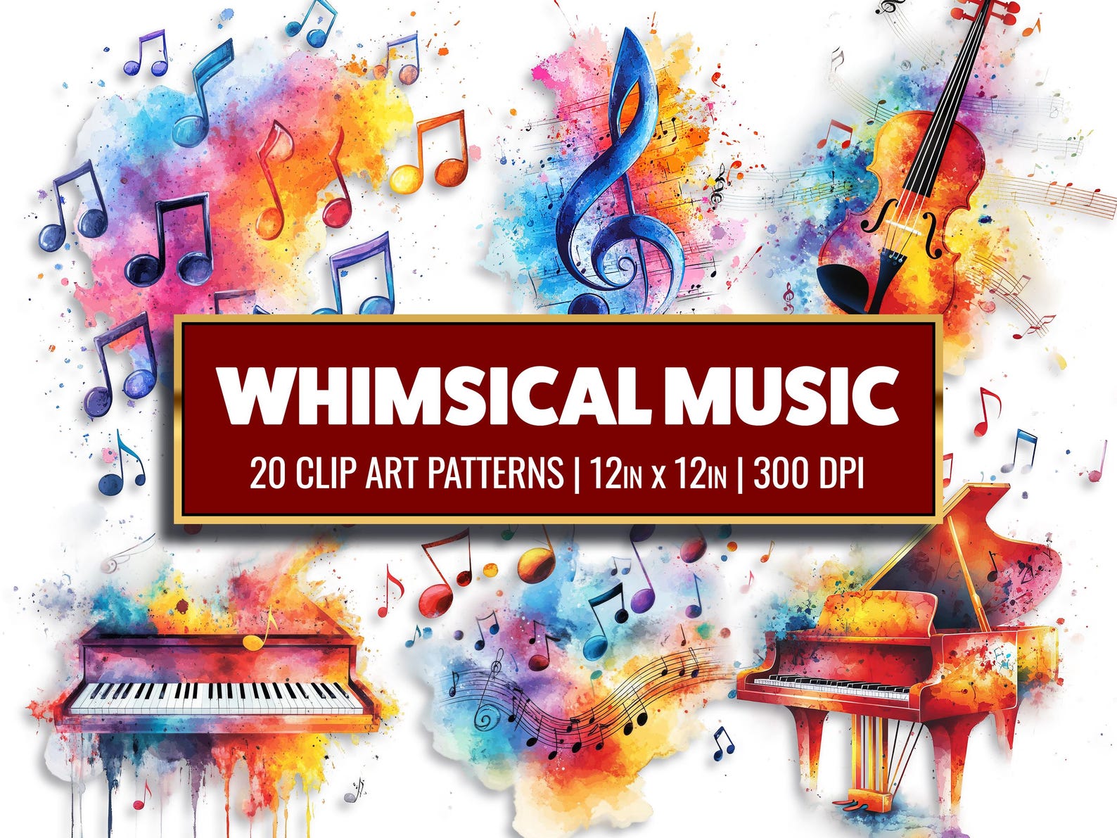 Whimsical Music Note Clipart Colorful Watercolor Digital Papercraft ...