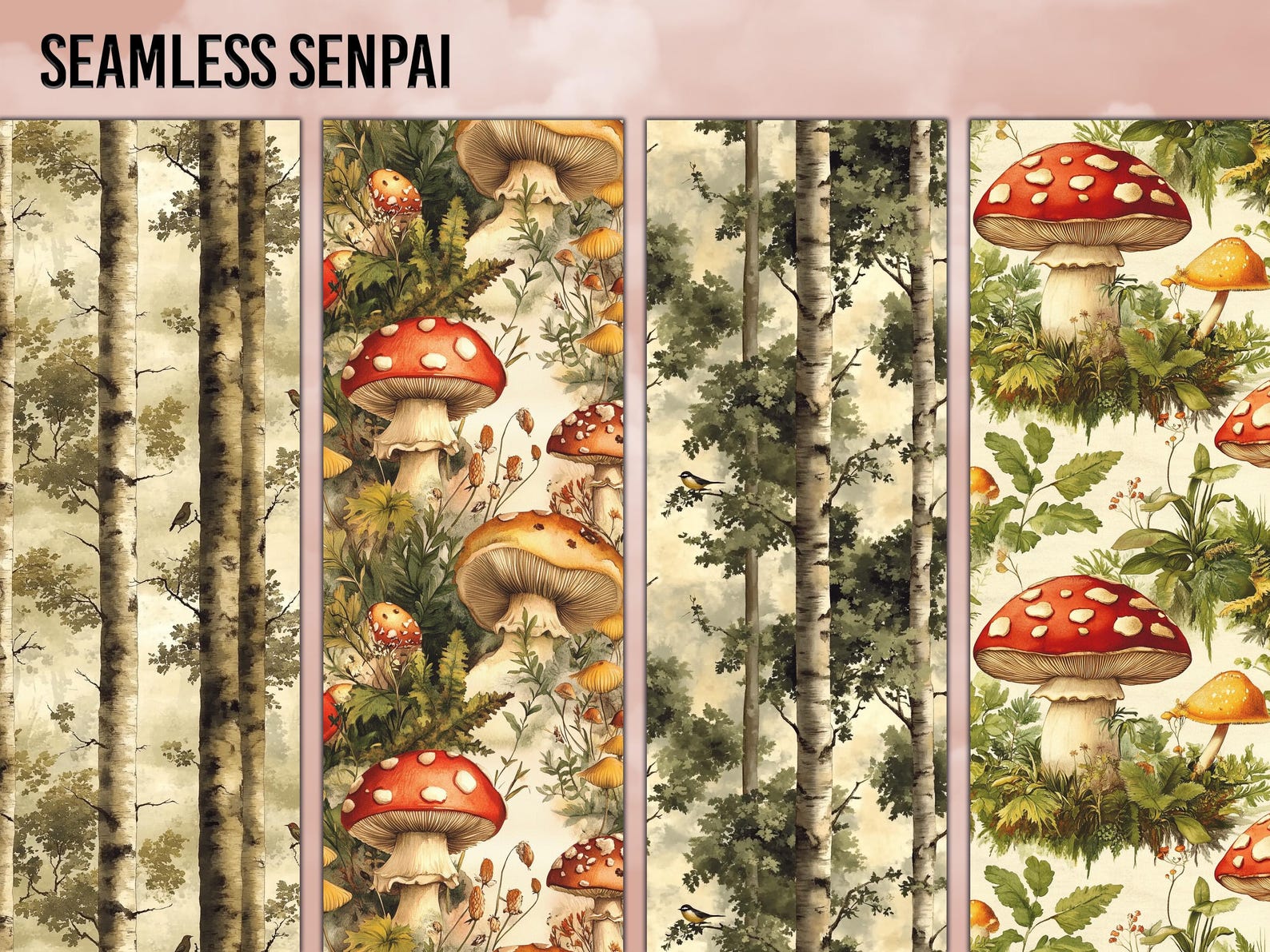 Woodland Forest Digital Paper: Mushroom Seamless Pattern (PNG, 12x12 ...